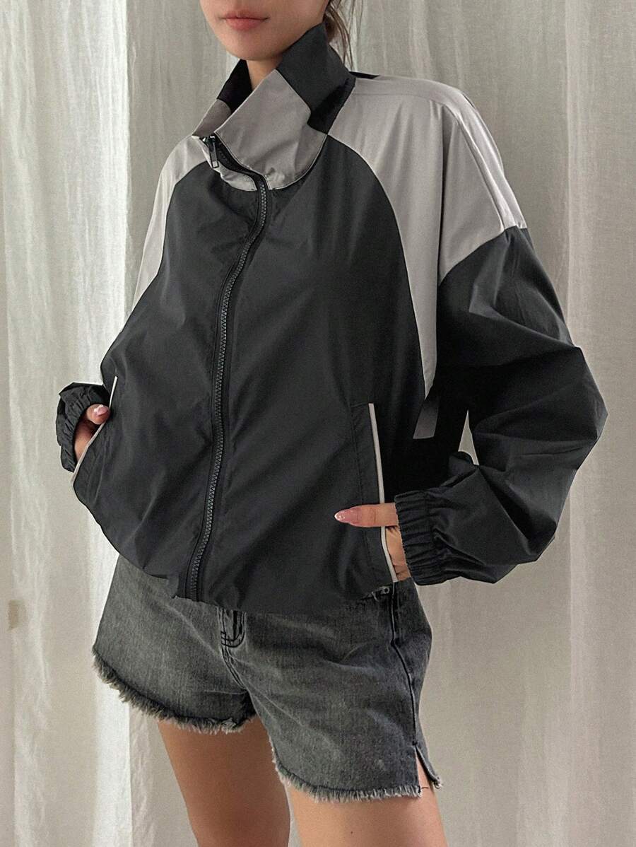 DAZY Two Tone Drawstring Hem Drop Shoulder Zipper Jacket | SHEIN USA