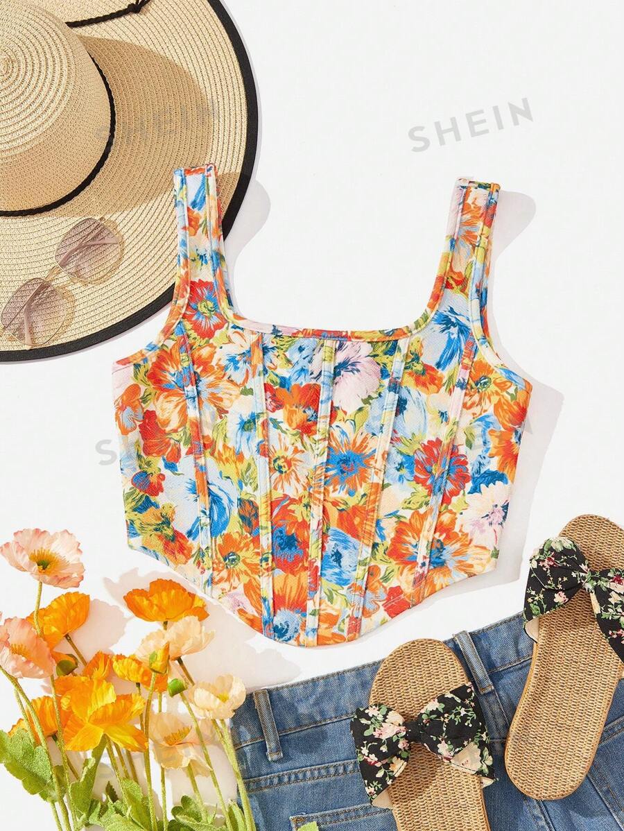 SHEIN VCAY Holiday Summer Floral Print Crop Mini Top With Slim Fit ...
