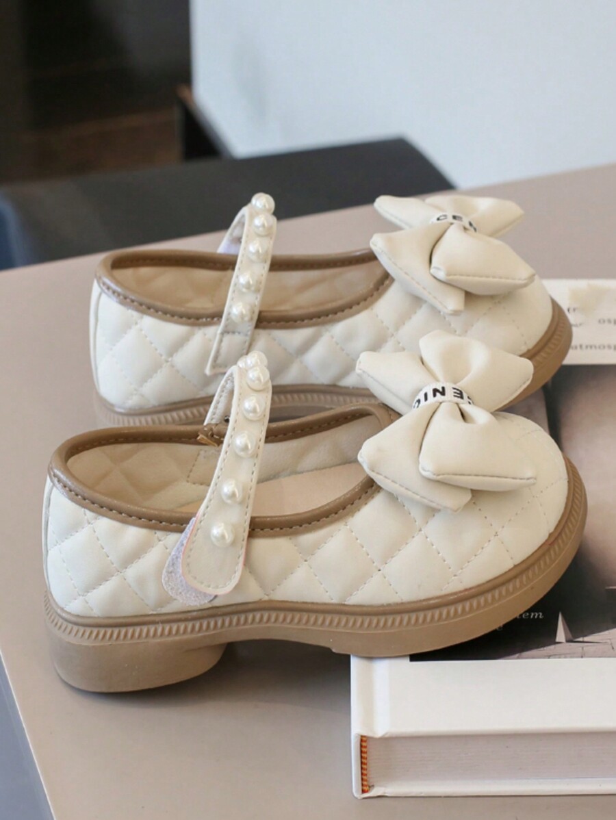 Fashion New Girls Leather Shoes With Bow & Pearls, Black Casual Flats ...
