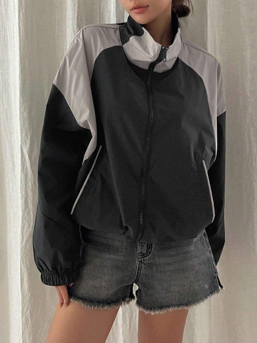 DAZY Two Tone Drawstring Hem Drop Shoulder Zipper Jacket | SHEIN USA