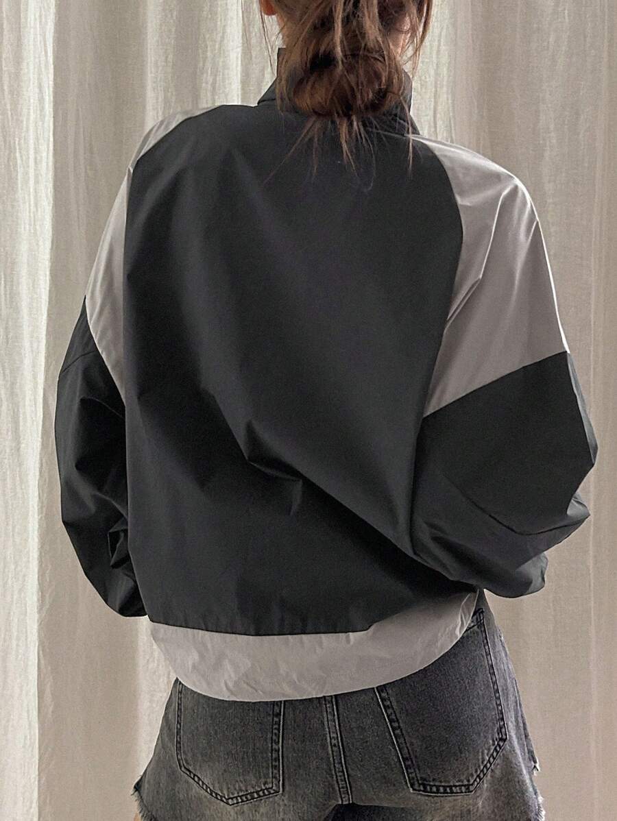 DAZY Two Tone Drawstring Hem Drop Shoulder Zipper Jacket | SHEIN USA