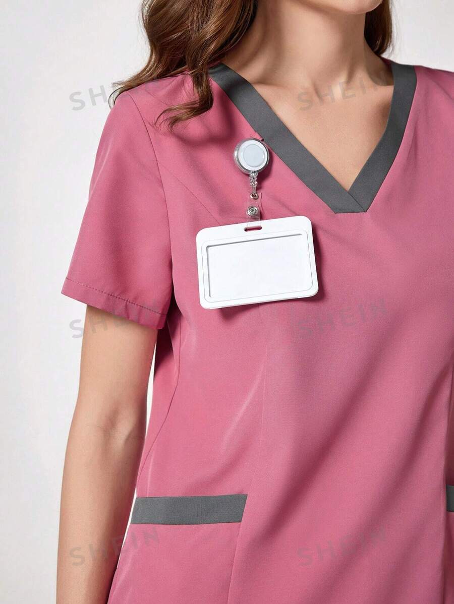 SHEIN Mulvari Contrast Color V-Neck Scrub Top And Cargo Pants Uniform ...