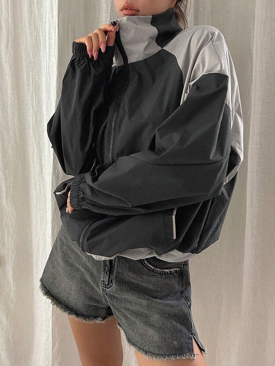 DAZY Two Tone Drawstring Hem Drop Shoulder Zipper Jacket | SHEIN USA
