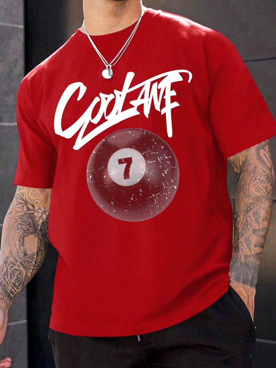 Manfinity EMRG Men's Street-Style Vintage Hand-Drawn Graffiti Text Fun Number 7 Ball Print Red ...