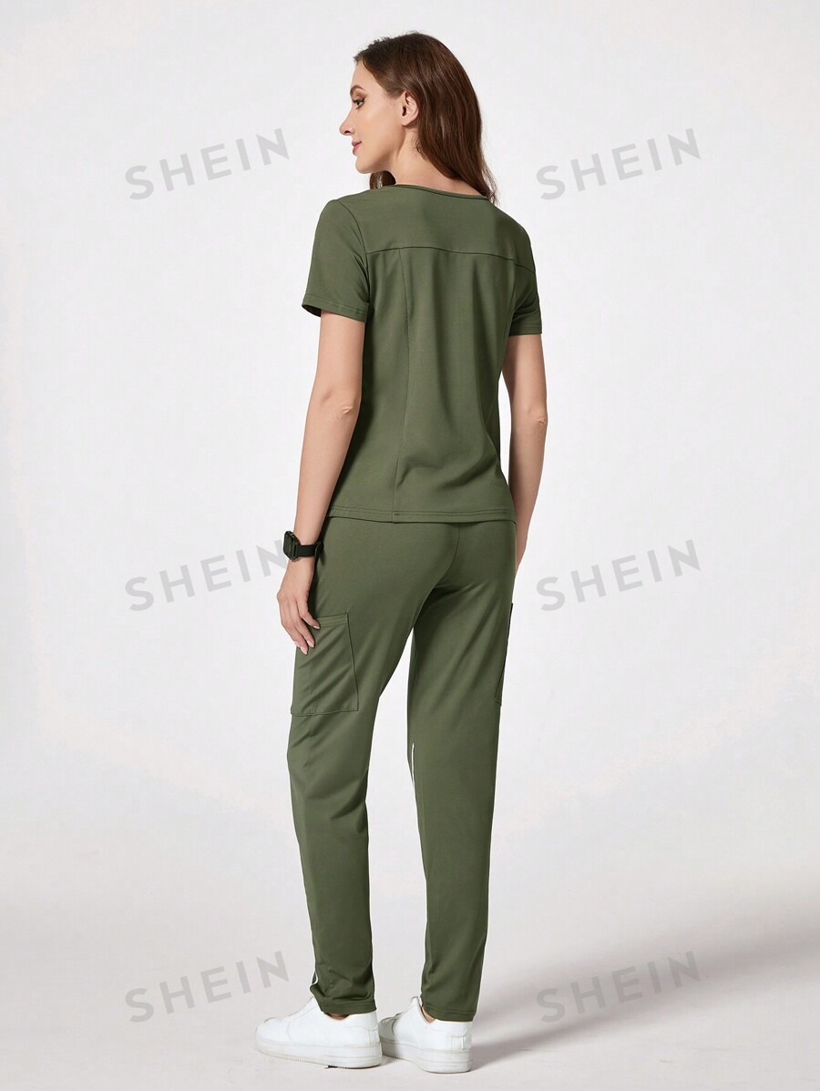 SHEIN TaskFit Plain V-Neck Short Sleeve Pocket Minimalist Top And Pants ...