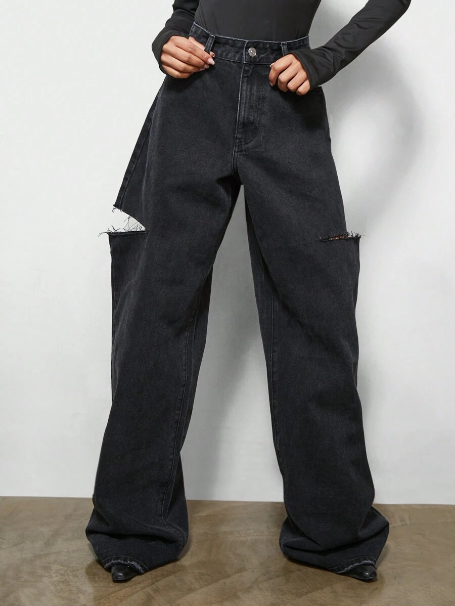 SUMWON WOMEN Wide Leg Side Ripped Raw Edge Jean | SHEIN USA