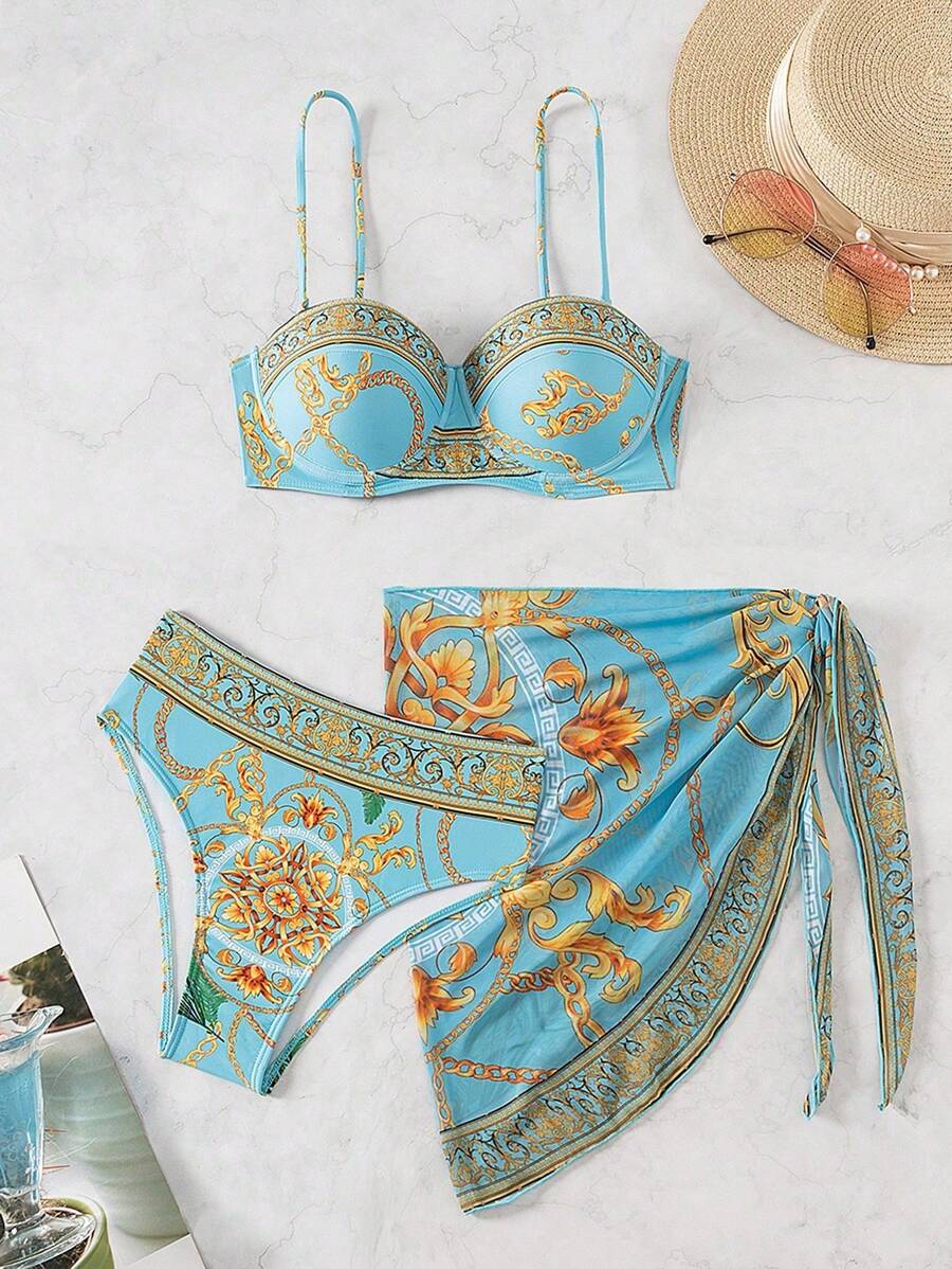 Women's Summer Beach Printed Chain Sexy Bikini Set With Cover-Up Top ...