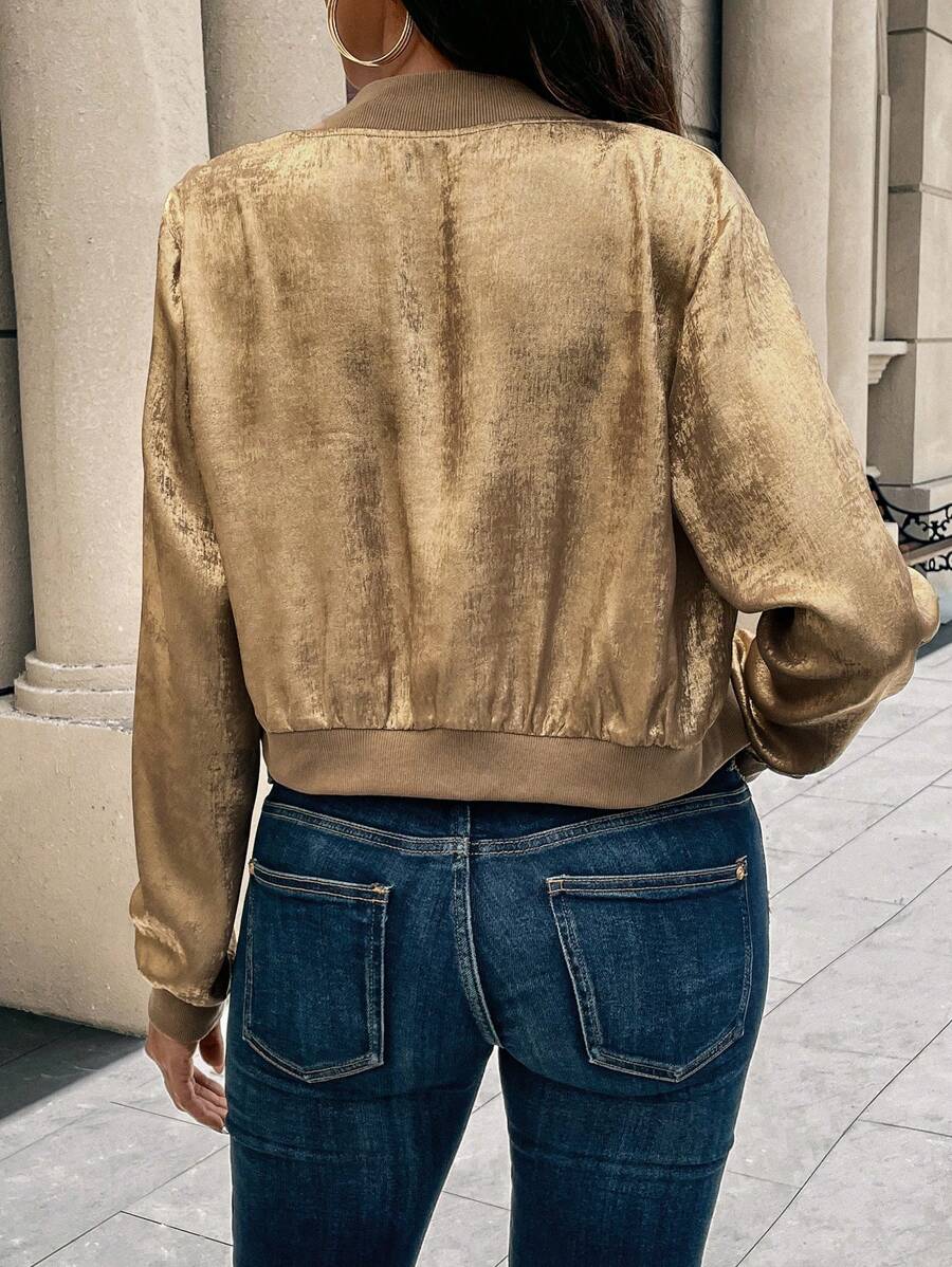 SHEIN LUNE Autumn New Metallic Gold Zipper Ribbed Cuffs Baseball Jacket ...