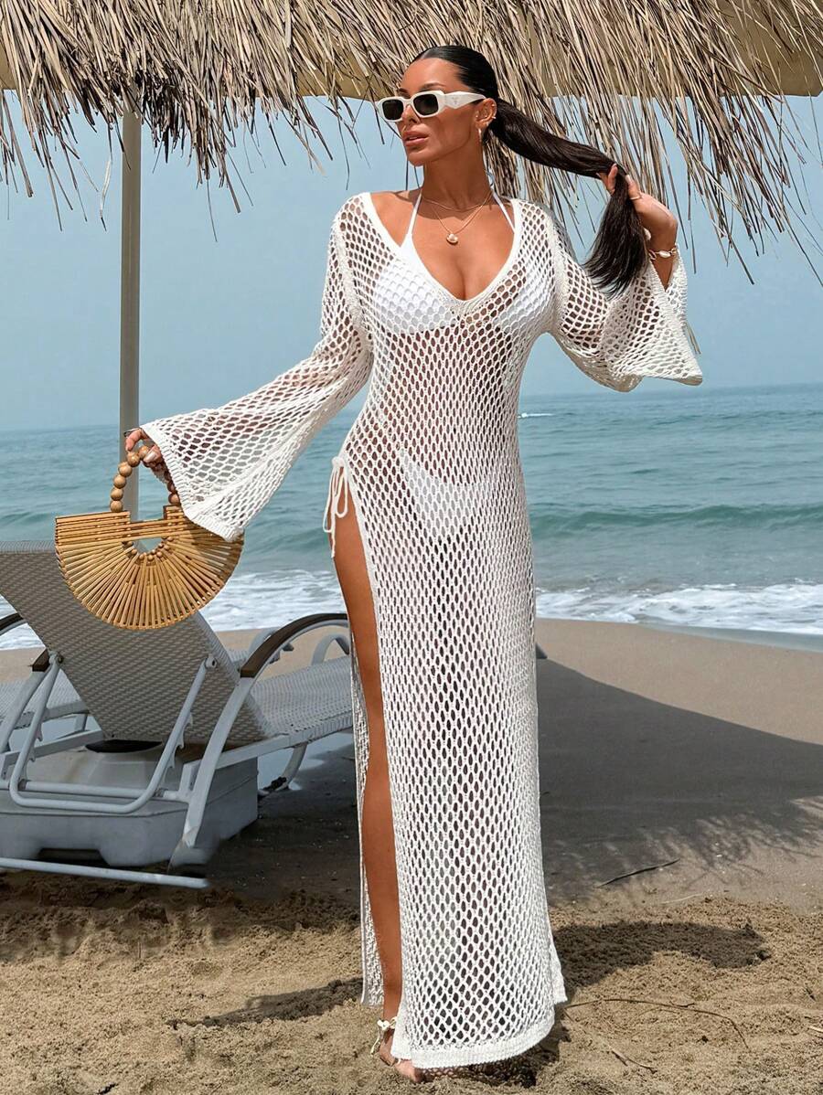 SHEIN Robe de plage longue en tricot transparent fendue jusqu'à la cuisse avec manches longues ...