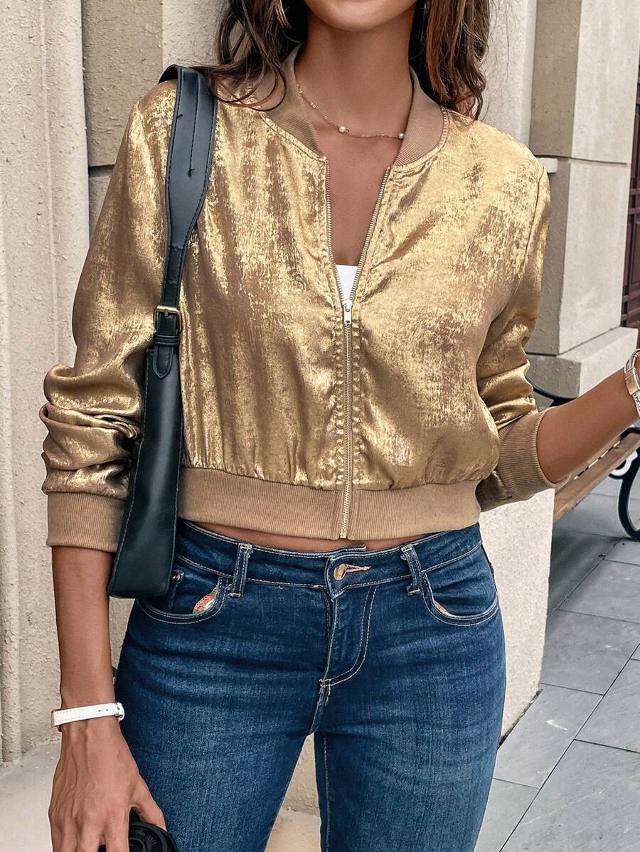 SHEIN LUNE Autumn New Metallic Gold Zipper Ribbed Cuffs Baseball Jacket ...