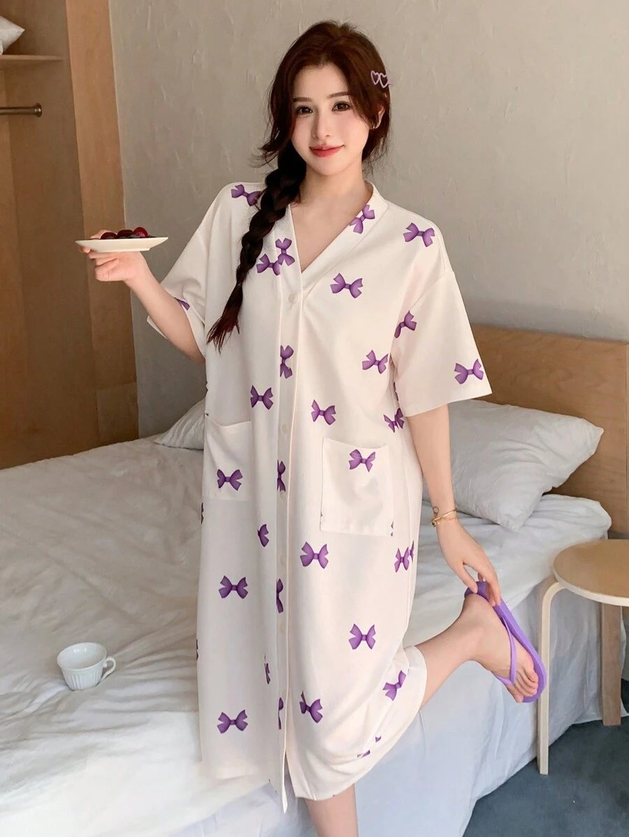 DAZY Women's Bow Tie Printed Open Front Bathrobe Pajama | SHEIN USA