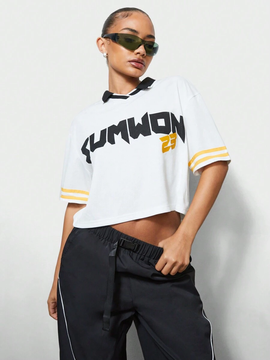 SUMWON WOMEN Street Crop Polo Baller Tee With Contrast Graphic | SHEIN USA