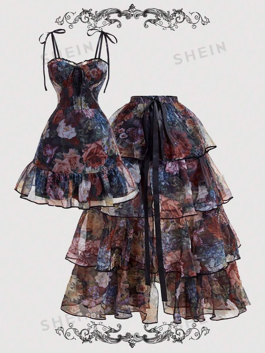 SHEIN MOD Vestido vintage negro de 2 en 1 con estampado floral de Body completo y múltiples ...