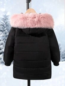 Tween Girls Contrast Fuzzy Pocket Hooded Mid-Length Padded Coat With Removable Fur Collar, Pink ...