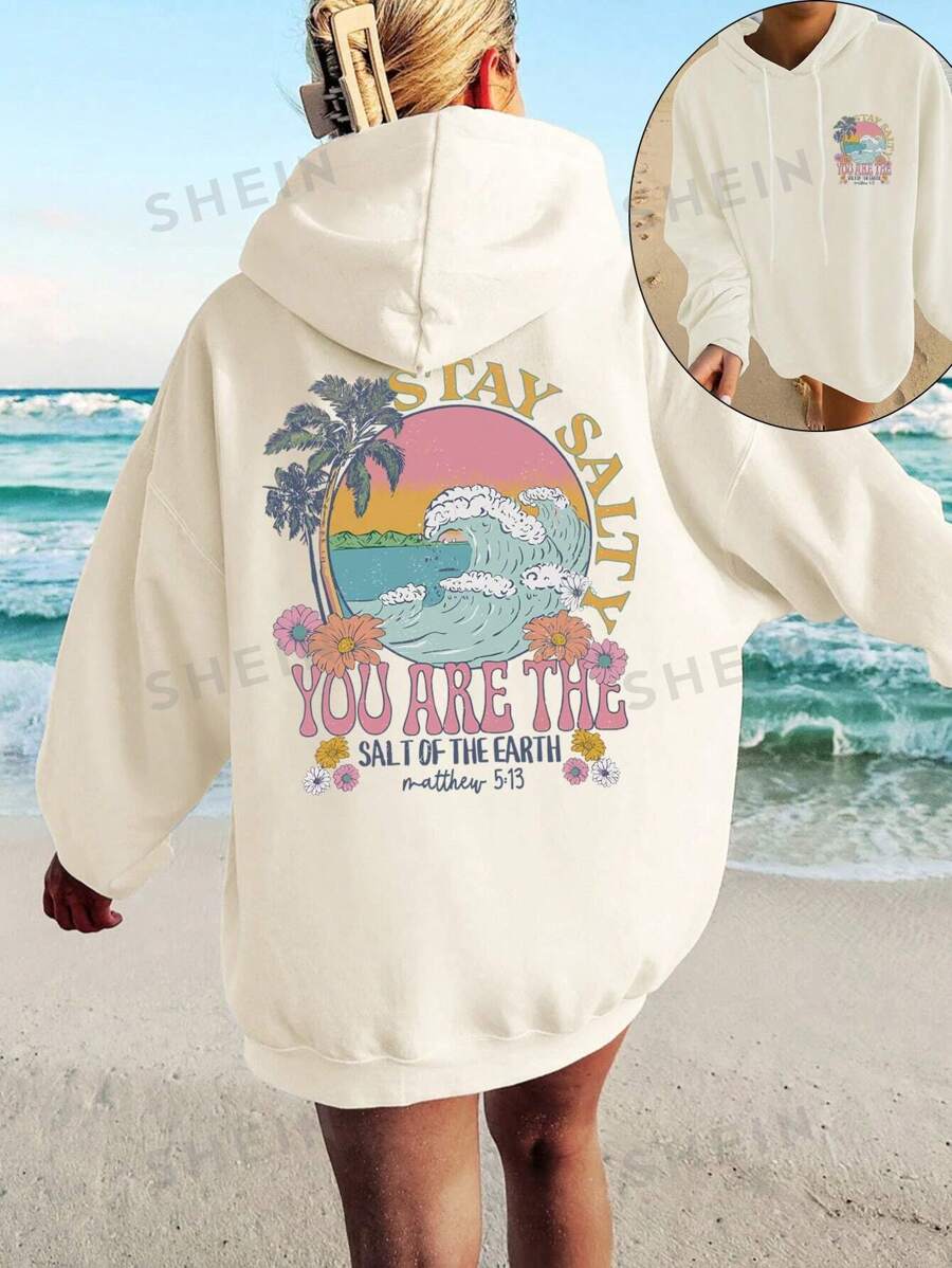 SHEIN EZwear Oversized Loose Fit Sweatshirt With Ocean Coconut Tree ...