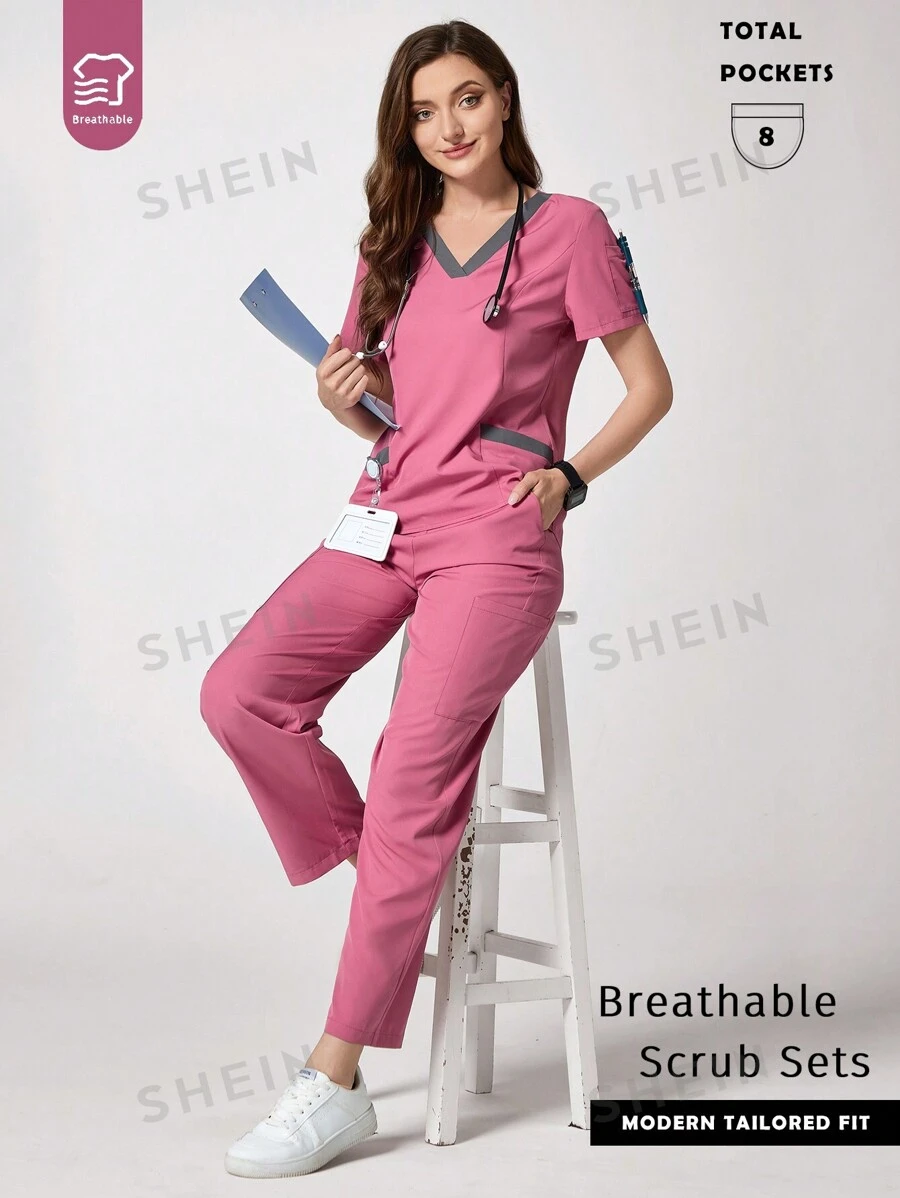 SHEIN TaskFit Ensemble d'uniforme avec haut de scrubs col en V bicolore et pantalon cargo | Mode ...