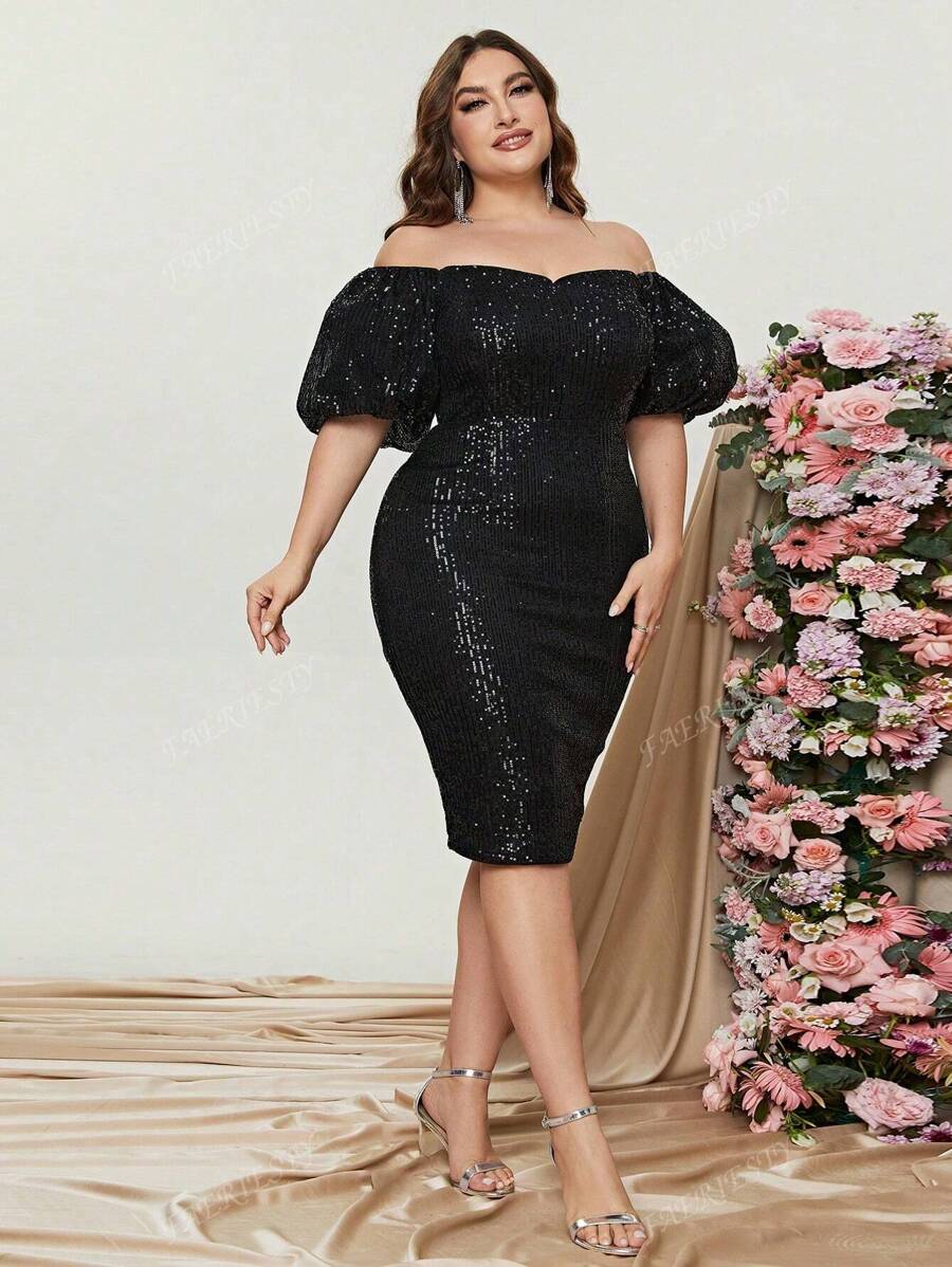 Faeriesty Plus Off Shoulder Puff Sleeve Sequin Bodycon Dress Elegant Cocktail Semi Formal Prom ...