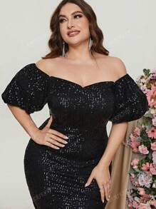 Faeriesty Plus Off Shoulder Puff Sleeve Sequin Bodycon Dress Elegant Cocktail Semi Formal Prom ...