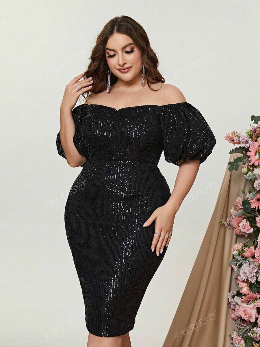 Faeriesty Plus Off Shoulder Puff Sleeve Sequin Bodycon Dress Elegant Cocktail Semi Formal Prom ...