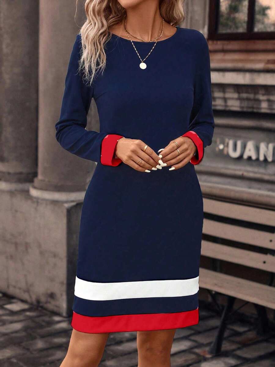 SHEIN Clasi Women's Long Sleeve Red Blue White Splice Round Neck Back ...