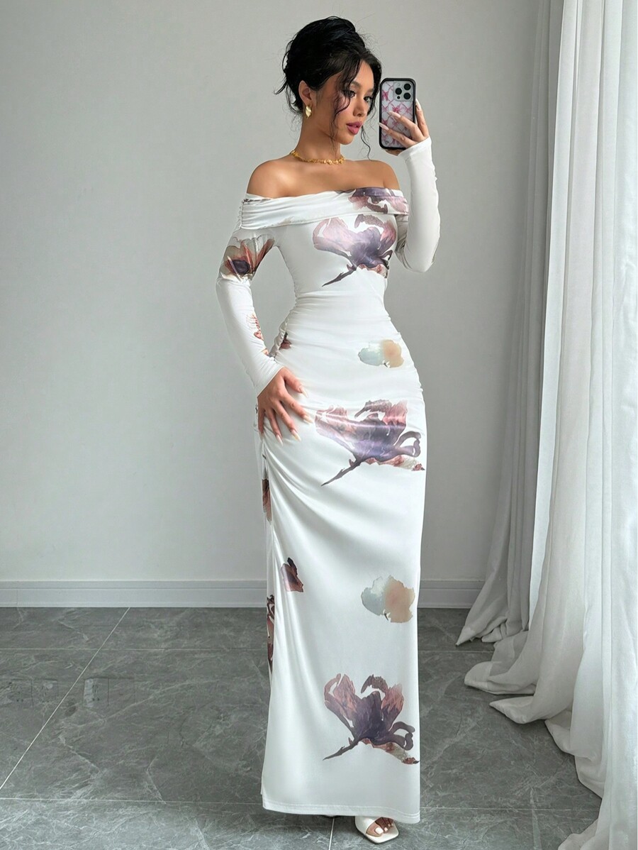 Elenzga Floral Print Ruched Off Shoulder Long Sleeve Dress,Ladies Elegant Ruched,Split Long ...
