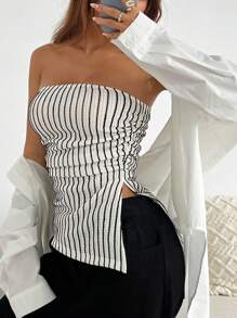 SHEIN EZwear Striped Print Split Hem Tube Top | SHEIN USA