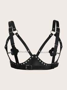 Plus Size Chain Decor Faux Leather Bra | SHEIN USA