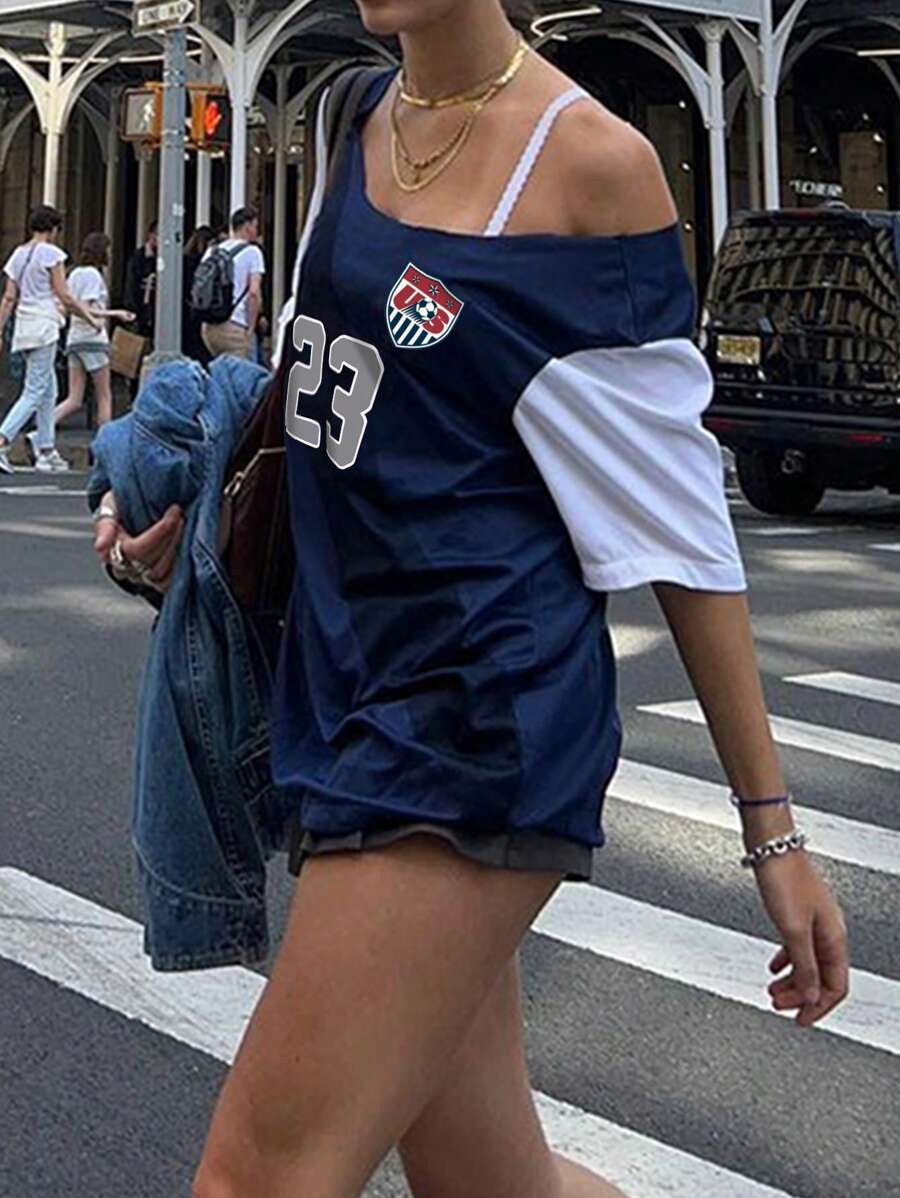 INAWLY Women's Asymmetric Collar Contrast Color Numeric Print Summer ...