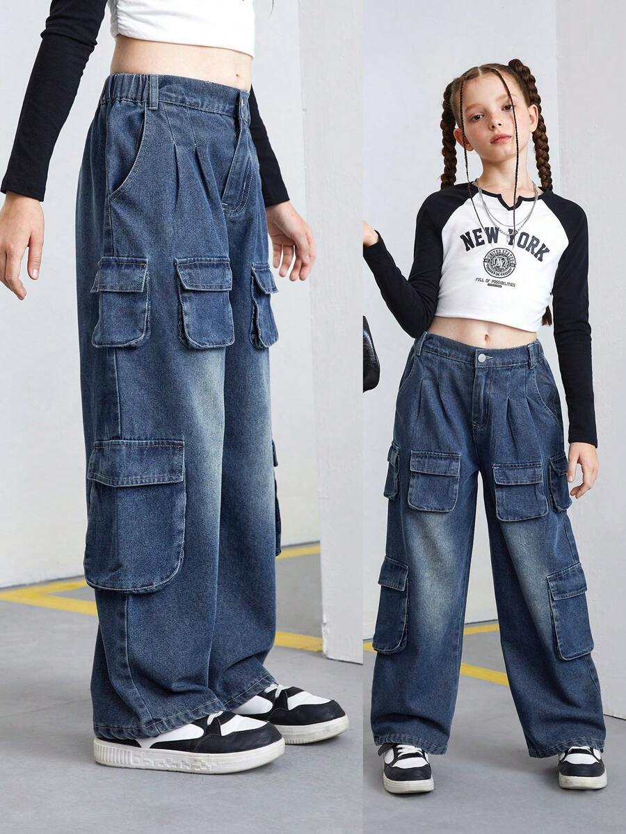 SHEIN Streecool Kids Tween Girls' Y2K Streetwear Stylish Baggy Cargo ...
