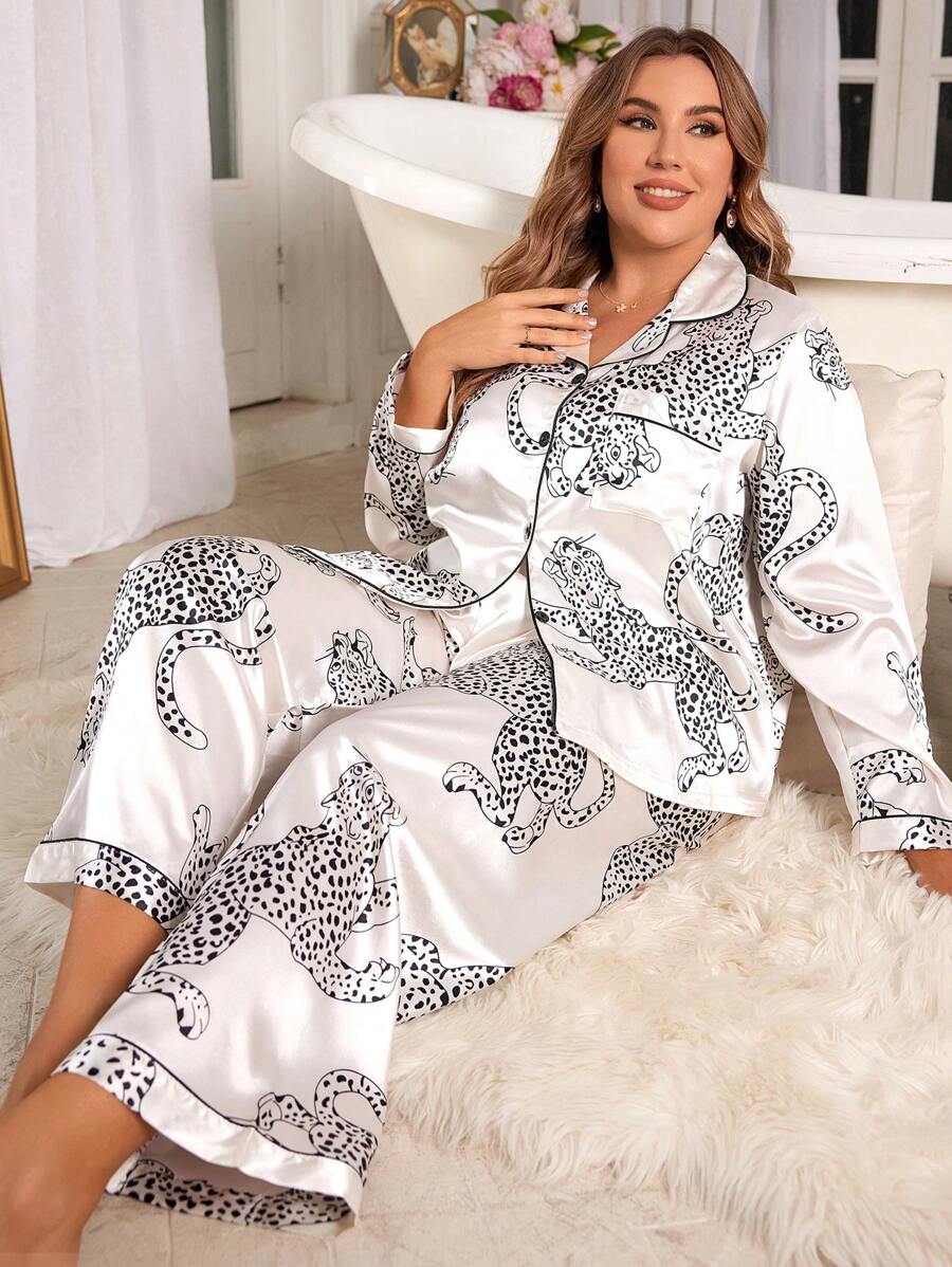 LuxeNights Plus Size Faux Silk Elegant Leopard Print Pajama Set | SHEIN USA