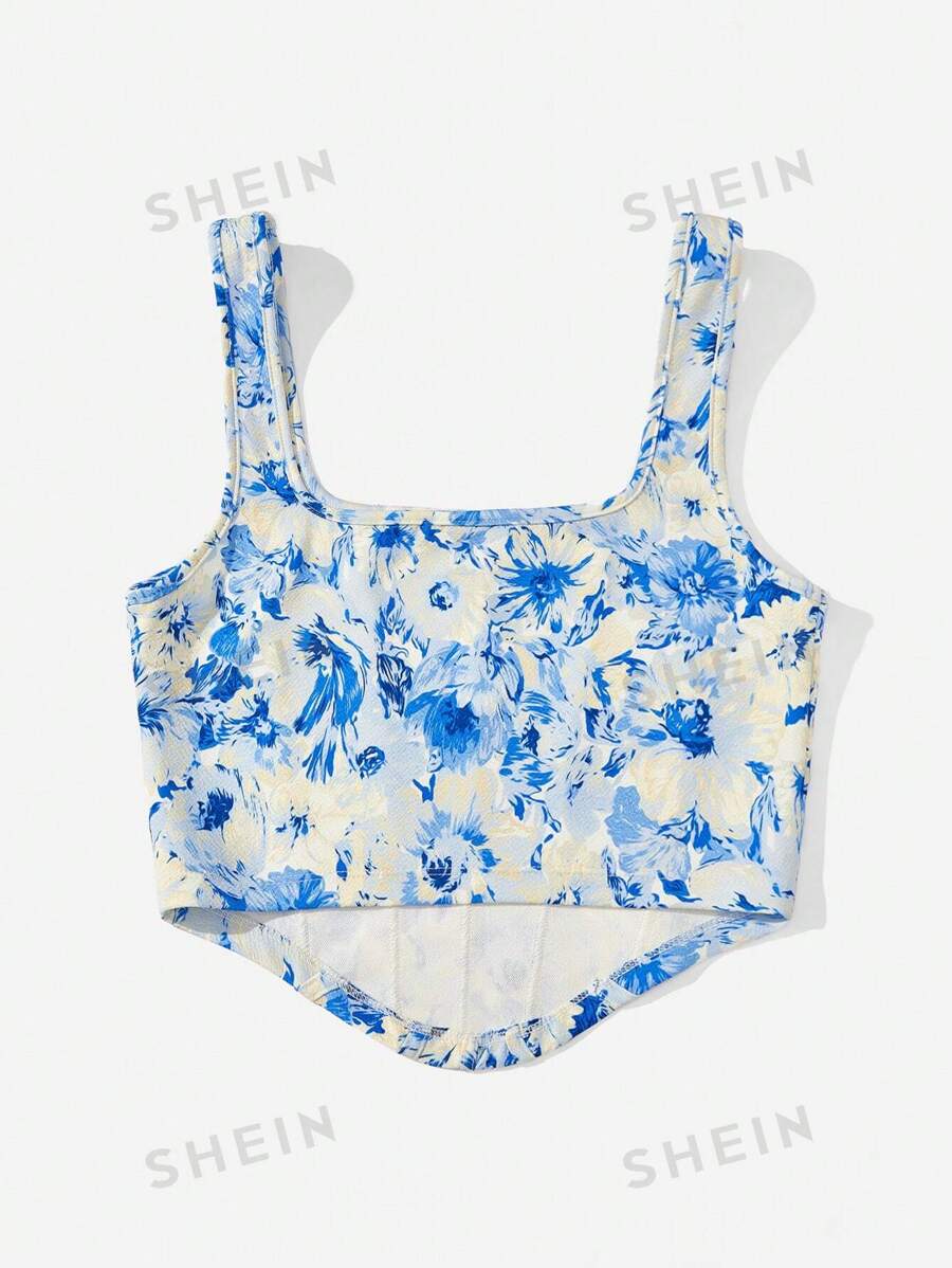 SHEIN VCAY Holiday Summer Floral Print Crop Mini Top With Slim Fit ...