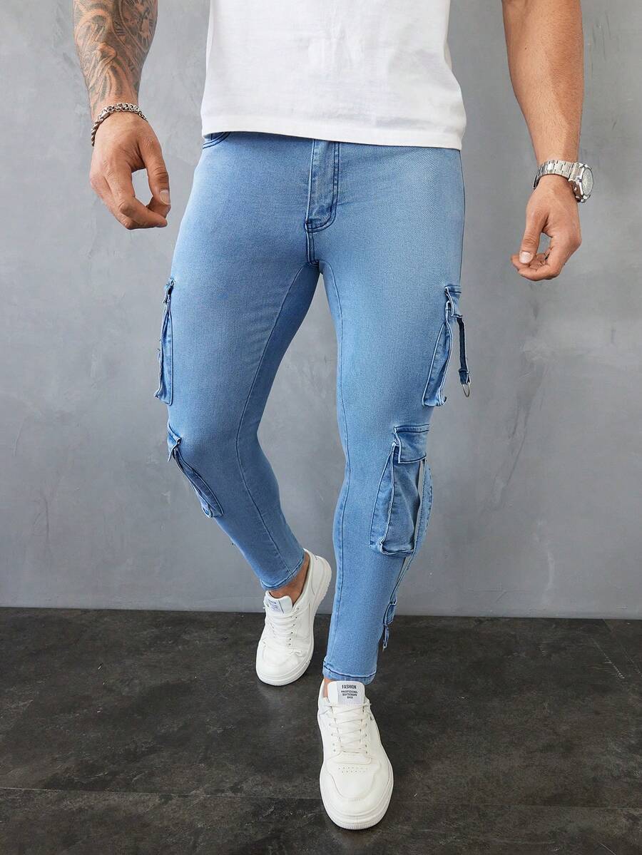 Manfinity LEGND Pantalones cargo de mezclilla azul claro de corte slim ...