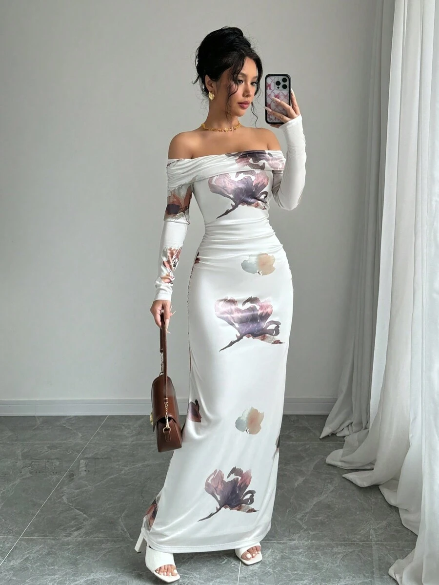 Elenzga Floral Print Ruched Off Shoulder Long Sleeve Dress,Ladies Elegant Ruched,Split Long ...