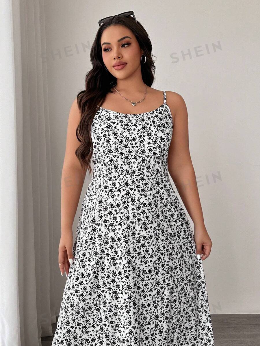 SHEIN EZwear Plus Size Summer Holiday White Base Black Floral Print Spaghetti Strap Mid-Length ...