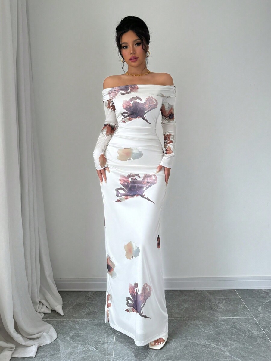 Elenzga Floral Print Ruched Off Shoulder Long Sleeve Dress,Ladies Elegant Ruched,Split Long ...