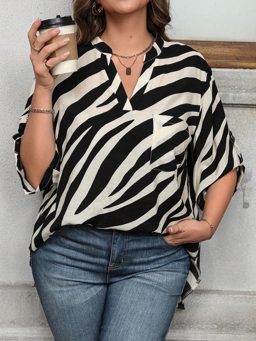 SHEIN LUNE Plus Size Commute V-Neck Zebra Print Shirt Teacher Outfits ...