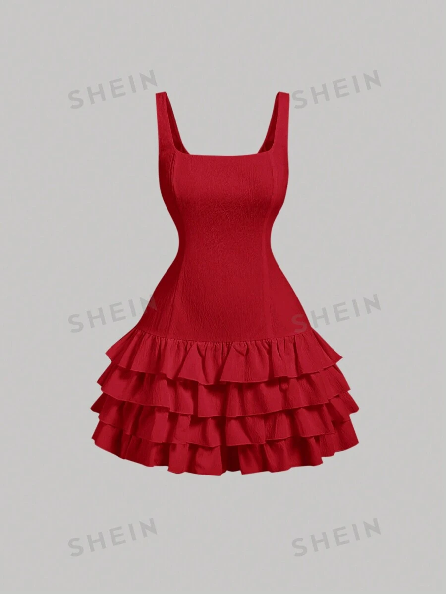 SHEIN MOD Robe d'été à col carré mignonne avec volants superposés à ourlet | Mode en ligne ...