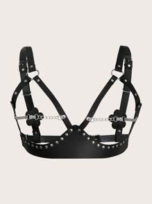 Plus Size Chain Decor Faux Leather Bra | SHEIN USA