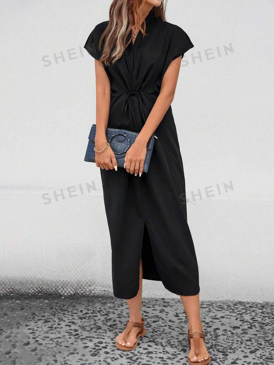 SHEIN LUNE Women V-Neck Tied Waist Bat Wing Long Black Work Dress ...