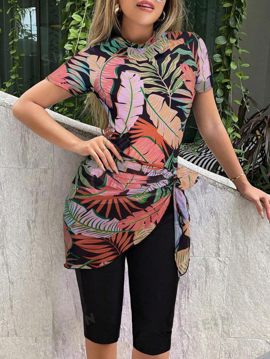 SHEIN Swim Women's Leaf Print Rash Guard Swimsuit With Bikini Bottoms ...
