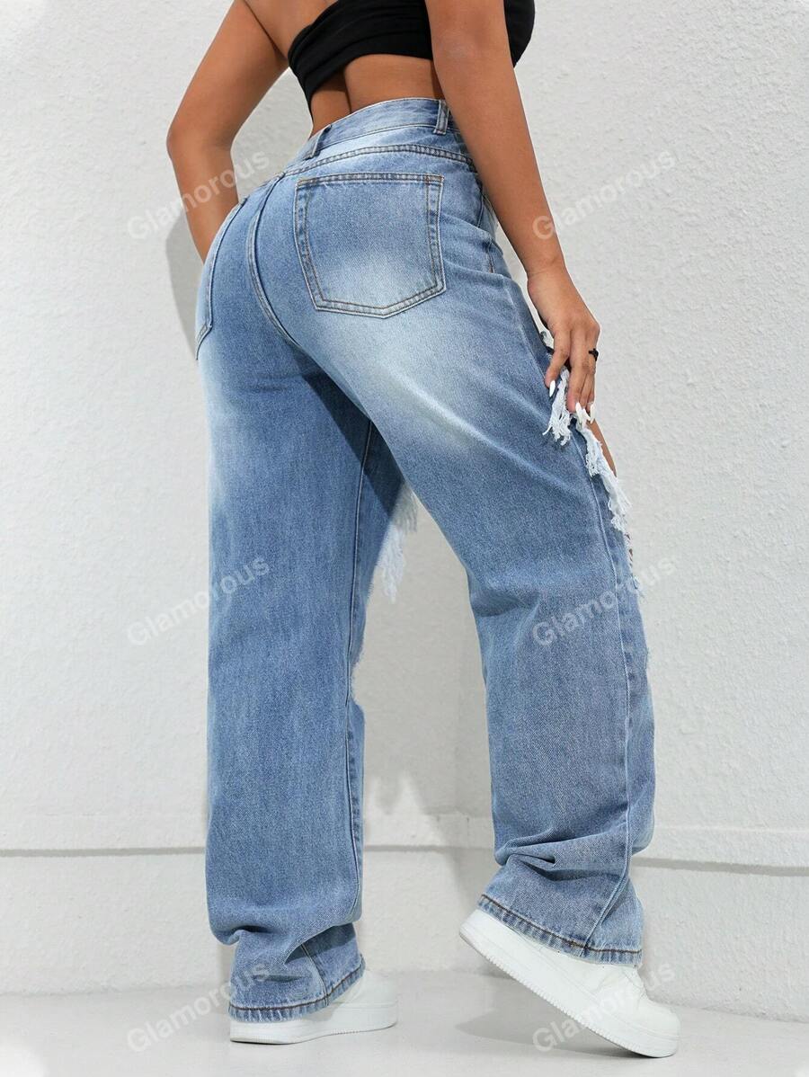 Street High Waist Slant Pocket Ripped Straight Leg Jean Scowgirl Outfit | SHEIN UK