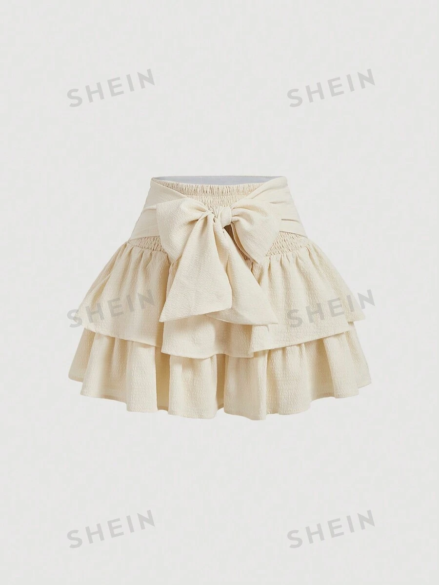 SHEIN MOD White Bow Tie Multilayer Ruffled Hem Summer Skirt | SHEIN UK