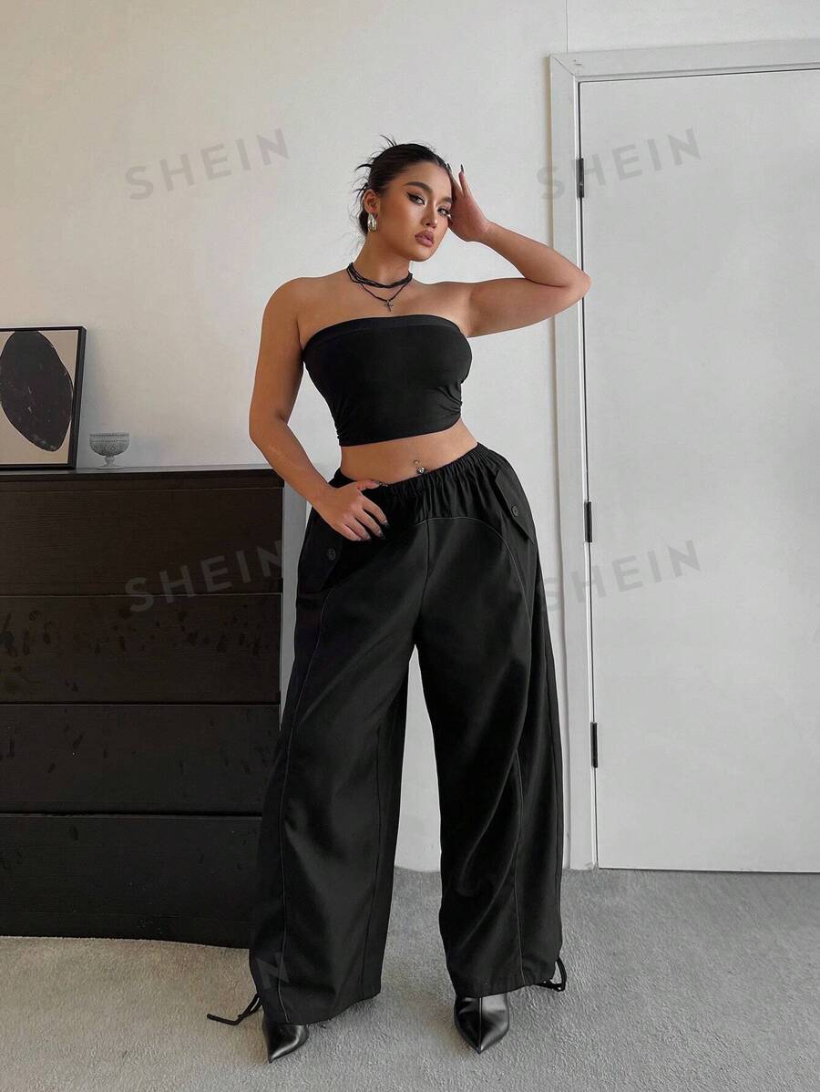 SHEIN ICON Elastic Waist Draw String Front Zipper Plus Size Women's Pants With Rib Trim Ankles ...