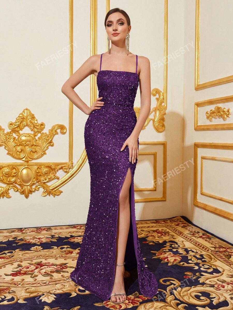 Faeriesty Elegant Sequined Backless Mermaid Gown With Dramatic Side ...