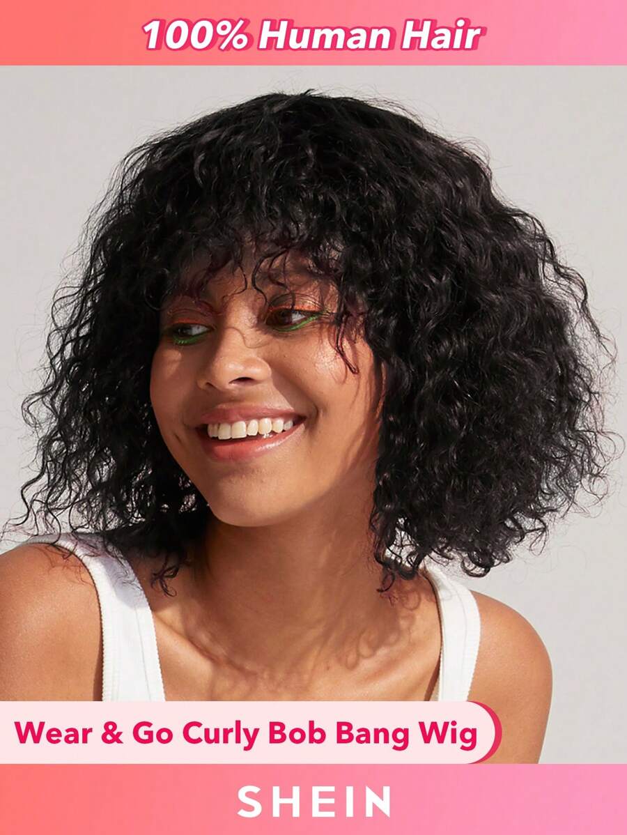 Perruque courte frisée au carré avec franges, cheveux humains 10 pouces, frisure bouclée ...