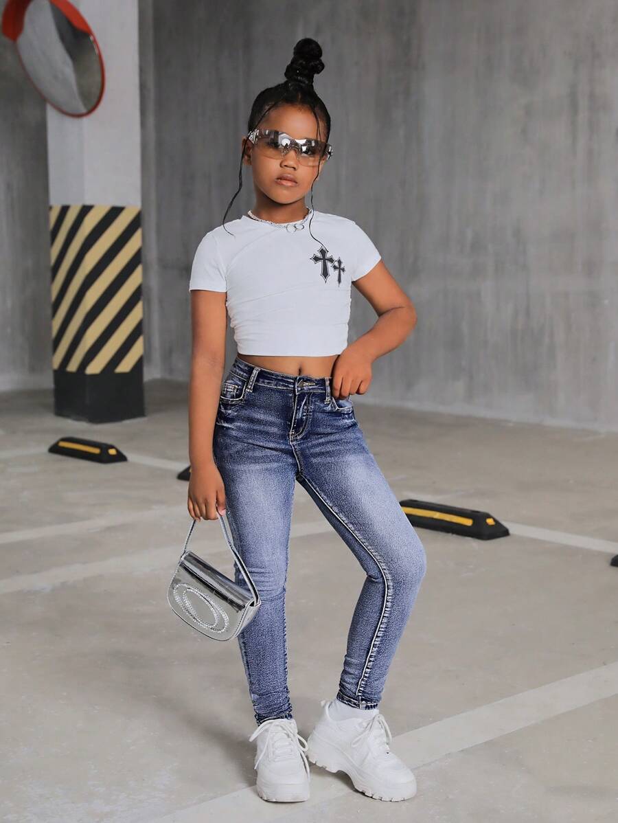 SHEIN Tween Girls Y2K Trending Stonewashed High Waist Snug Fit Denim ...