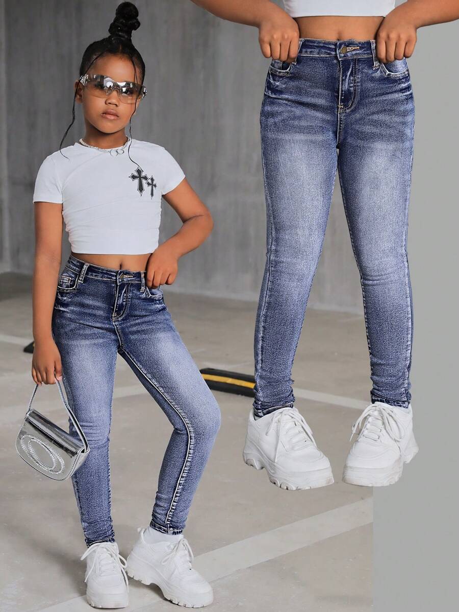 SHEIN Tween Girls Y2K Trending Stonewashed High Waist Snug Fit Denim ...