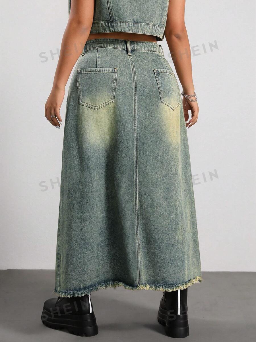 SHEIN Jeanoir Falda maxi de mezclilla lavada con botón en la cintura, trabilla para cinturón ...