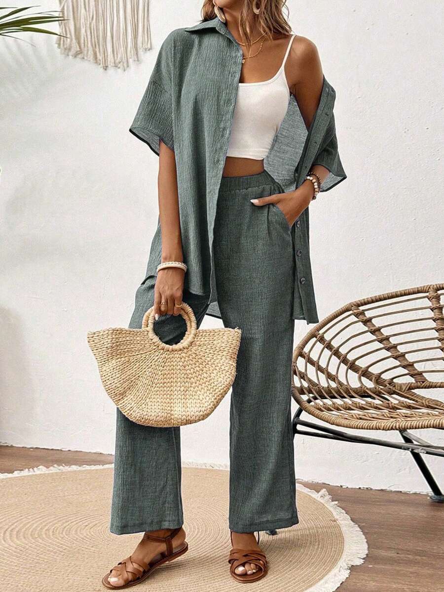 SHEIN Franclia Blue Woven Texture Shirt-Tucked Straight Pants Spring ...