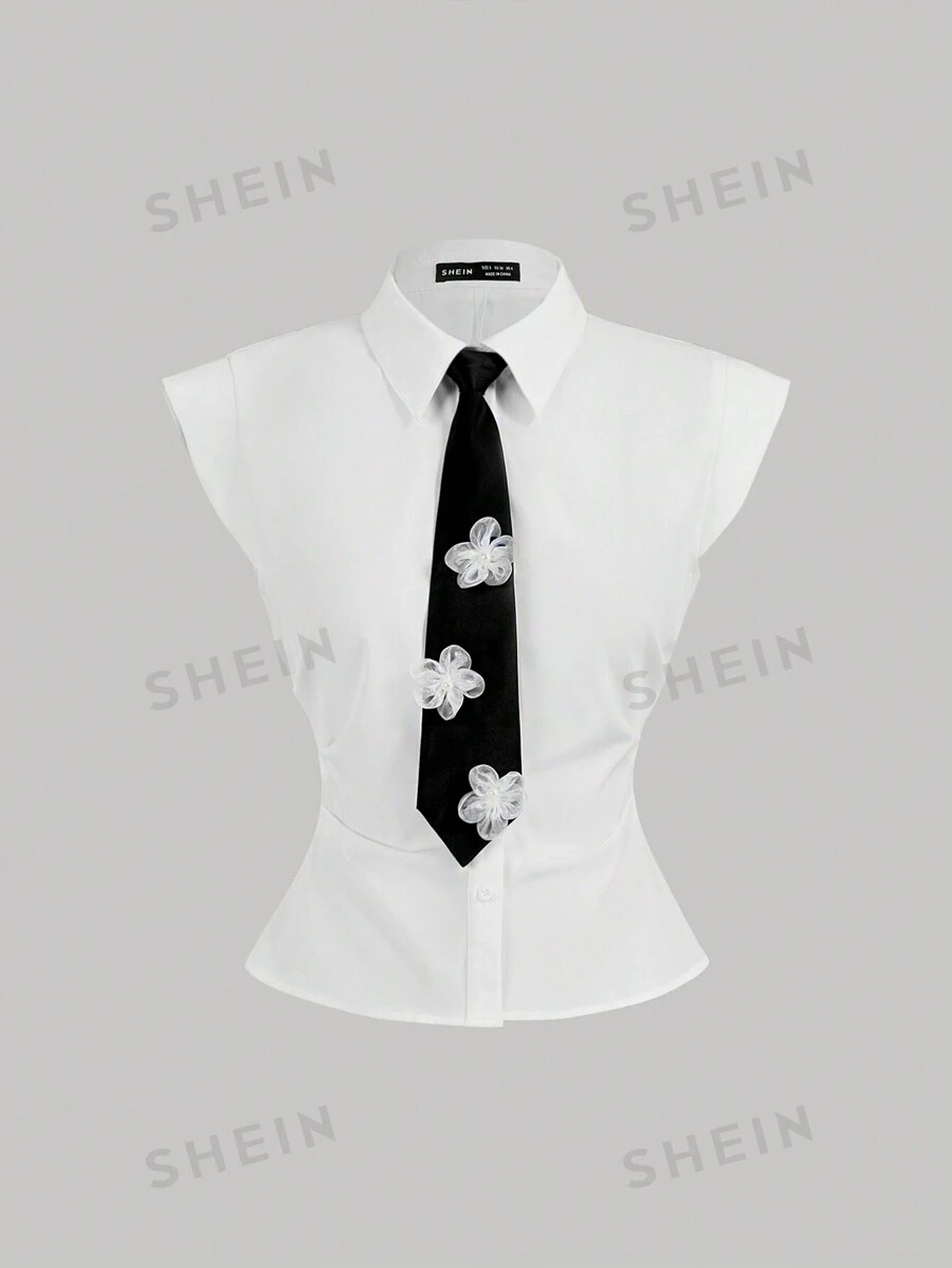SHEIN MOD Ladies' White Dress Shirt With Necktie Decorated Front Button ...